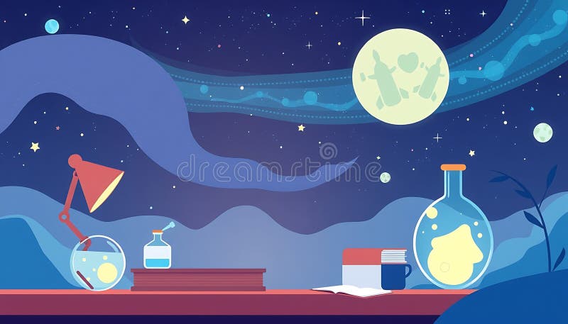 Moonlit Night Study Room, Cozy Interior and Reading Ambiance Generative ...