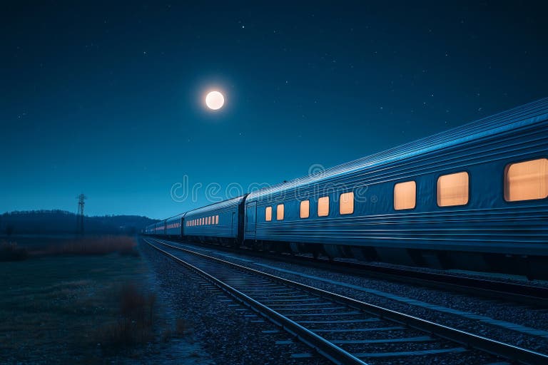 Moonlit Night Train Gliding through a Tranquil Station Stock Image ...
