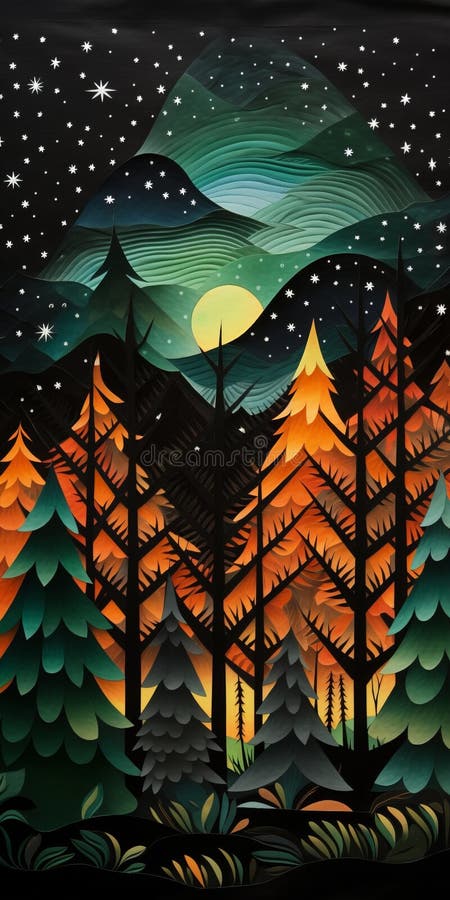 Colorful Watercolor Drawing of Pine Trees in Paper Cut-out Style Stock ...