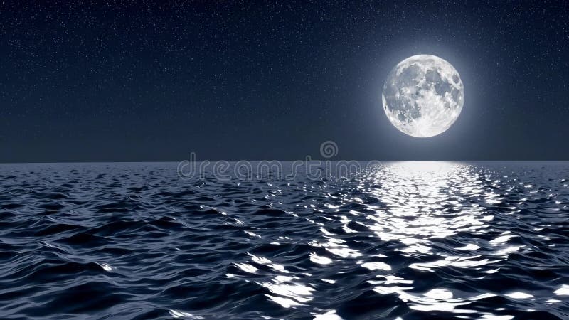 Moonlit Ocean with Reflection Under Starry Night Sky, Serene and ...