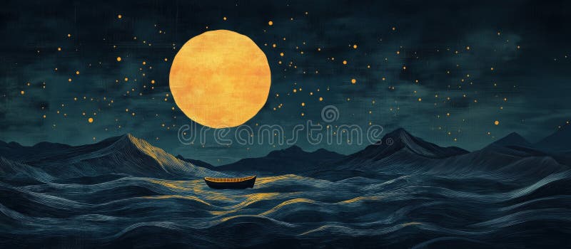 Moonlit Ocean Scene with Boat, Mountains, Starry Sky, and Large Moon ...