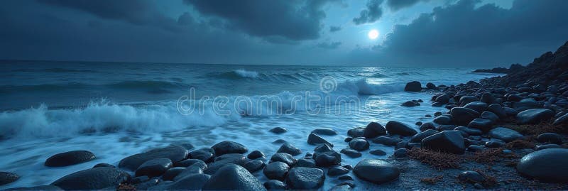 Moonlit Ocean Shore with Dark Rocks and Cloudy Night Sky Stock Image ...