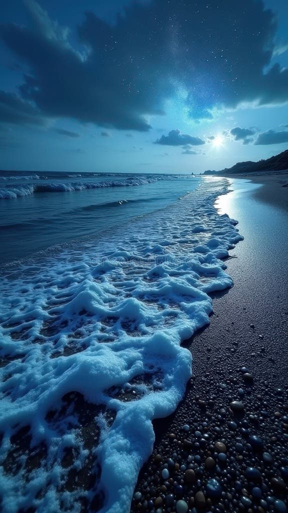 Moonlit Ocean Shoreline with Starry Night and Gentle Waves Under Cloudy ...