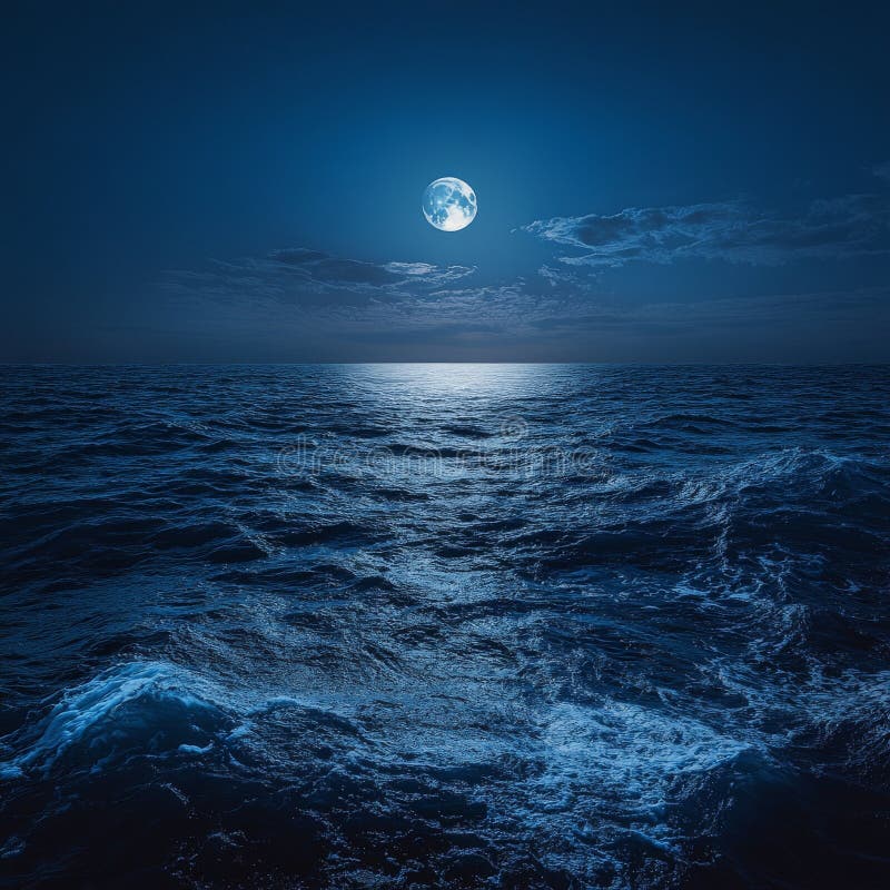 Moonlit Ocean Waves Under a Clear Night Stock Illustration - Illustration of reflection ...