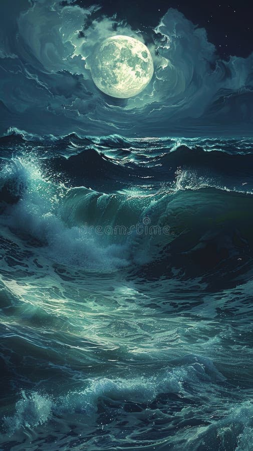 Moonlit Ocean Waves Under a Cloudy Sky Stock Photo - Image of water ...