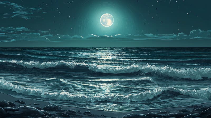 Moonlit Ocean Waves Under a Starry Night Sky Stock Illustration ...