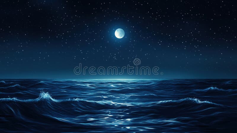 Moonlit Ocean Waves Under Starry Night Sky Stock Photo - Image of ...
