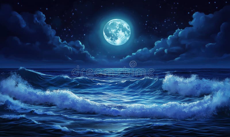 Moonlit Ocean Waves Under Starry Night Sky with Dramatic Clouds Stock ...