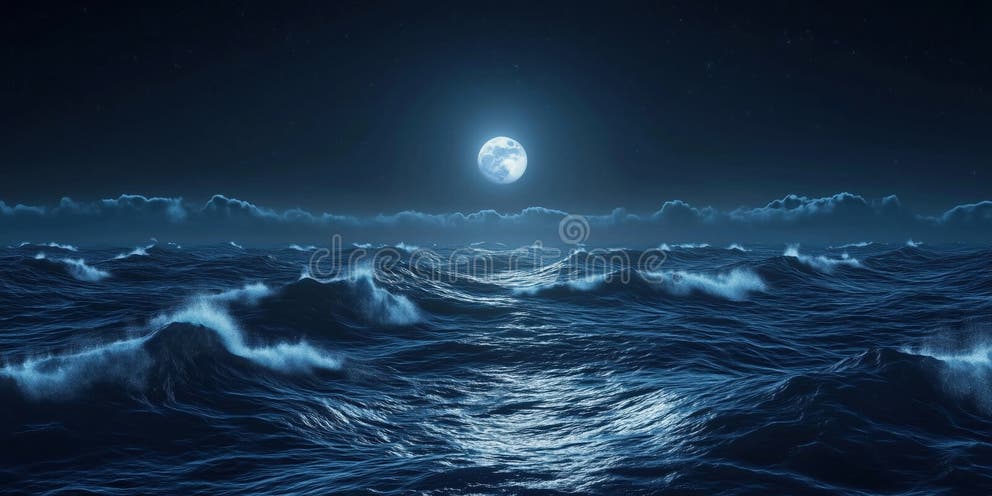 Moonlit Ocean Waves Under Starry Night Sky with Dramatic Clouds Stock ...