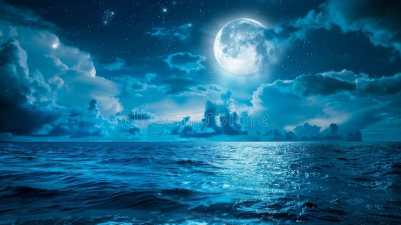 Moonlit Ocean Waves Under Starry Night Sky Stock Illustration ...