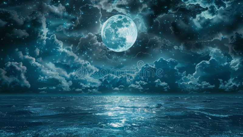 Moonlit Ocean Waves Under Starry Night Sky Stock Illustration ...