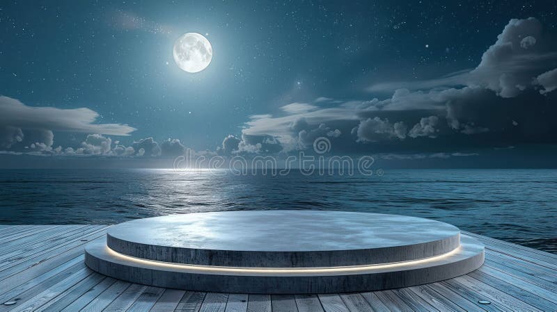 Moonlit Oceanfront Platform Under Starry Sky with Soft Reflection Stock ...