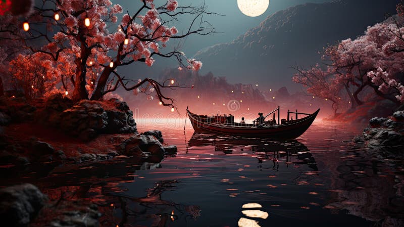 Moonlit Oriental Landscape with Sakura Cherry Trees and Floating Petals ...