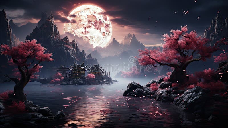 Moonlit Oriental Landscape Sakura Cherry Trees Floating Petals Stock ...