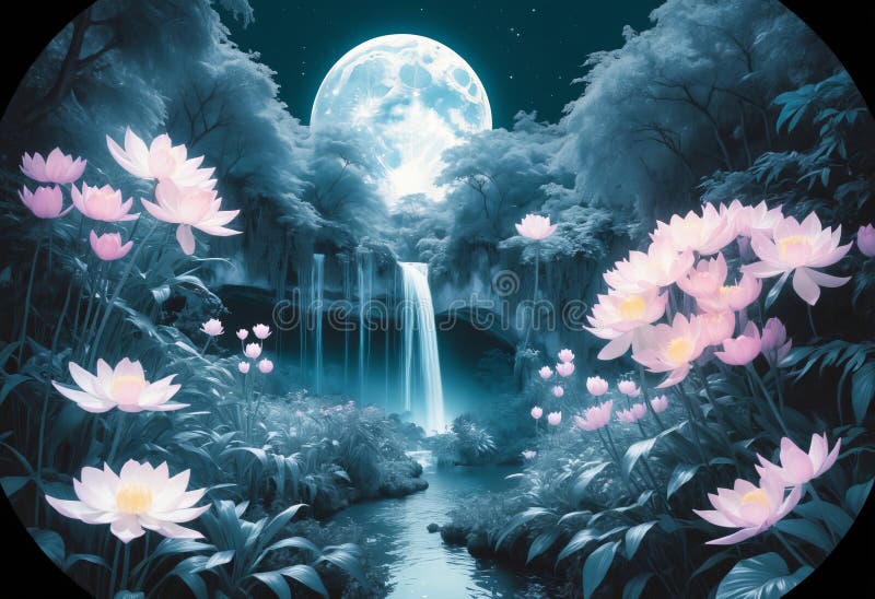 A Moonlit Paradise Emerges: an Ethereal Garden Bathed in Silver Light ...
