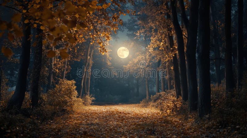Moonlit Path through Autumn Forest at Night with Falling Leaves Stock ...