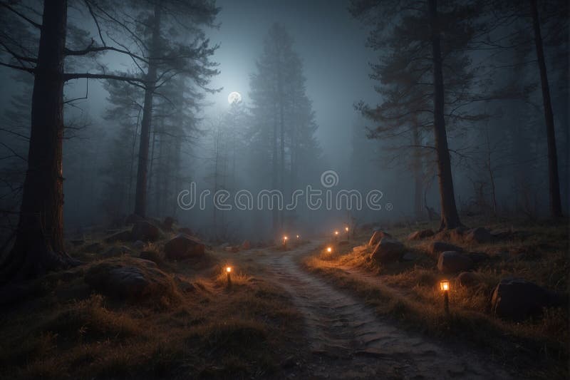 Moonlit Path in Dense Forest at Night Stock Illustration - Illustration ...