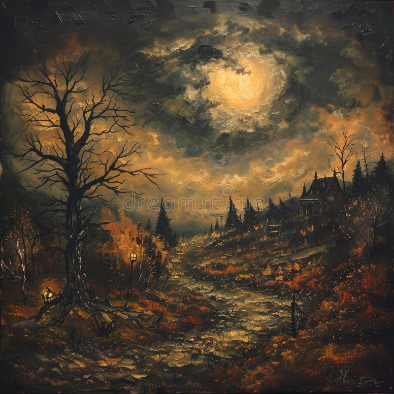 Moonlit Path through Eerie Autumn Forest Stock Illustration ...