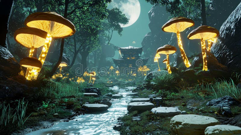 Moonlit Path, Glowing Mushrooms, Temple, Fantasy Forest Stock Image ...
