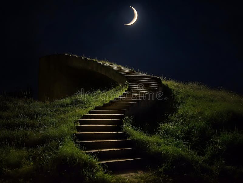 Moonlit Path, Grassy Hill, Night Scene, Serene Landscape Stock ...