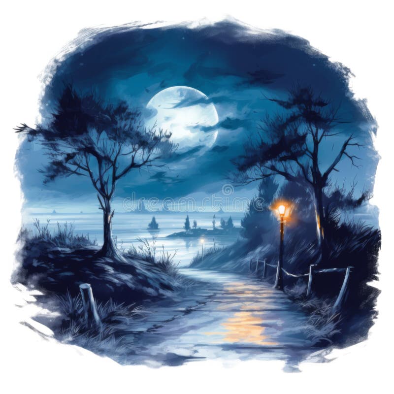 A Moonlit Path through a Mystical Landscape Stock Image - Illustration ...