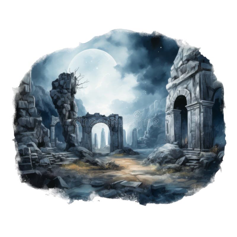 A Moonlit Path through Ruined Ancient Structures Stock Image ...