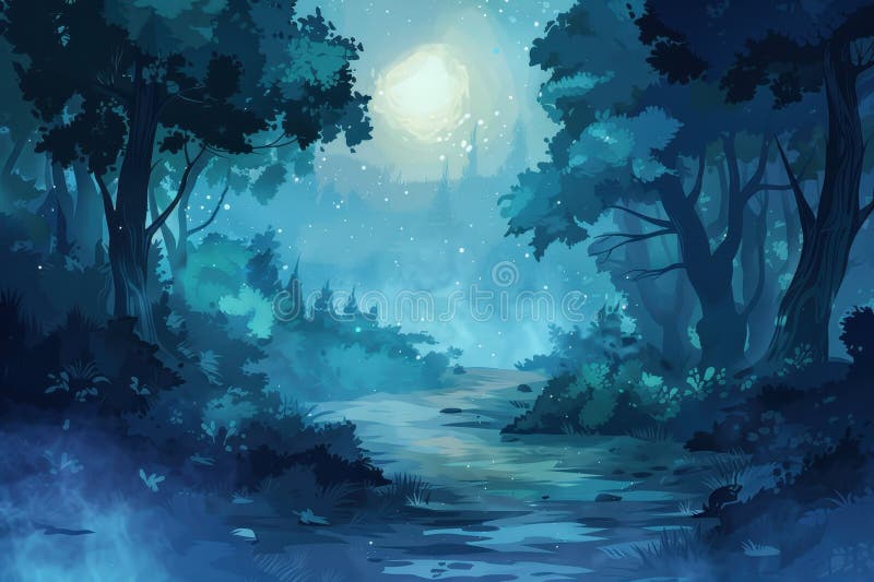 A Moonlit Path through a Silhouetted Forest Stock Illustration ...