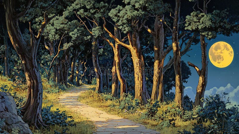 Moonlit Path Winding through a Lush Forest at Night Stock Photo - Image ...