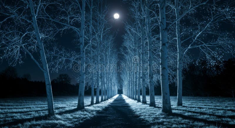 Moonlit Pathway through a Line of Illuminated Trees Stock Illustration ...