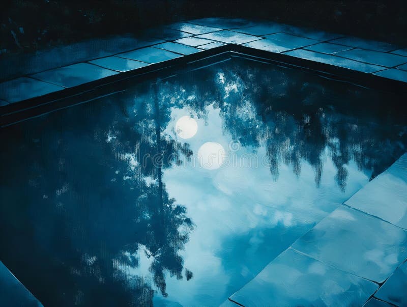 Moonlit Pool, Night Scene, Blue Water, Reflective Surface, Trees ...