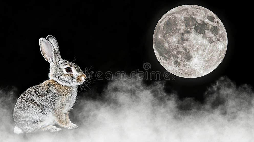 Moonlit Rabbit Gazing at Full Moon in Clouds Stock Photo - Image of ...