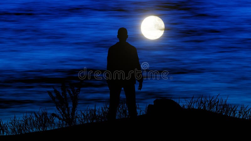 Moonlit Reflection: a Man Standing in the Night Stock Photo - Image of ...