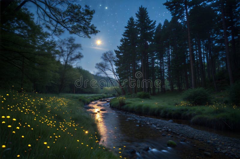 Moonlit River in Firefly Forest Stock Illustration - Illustration of ...