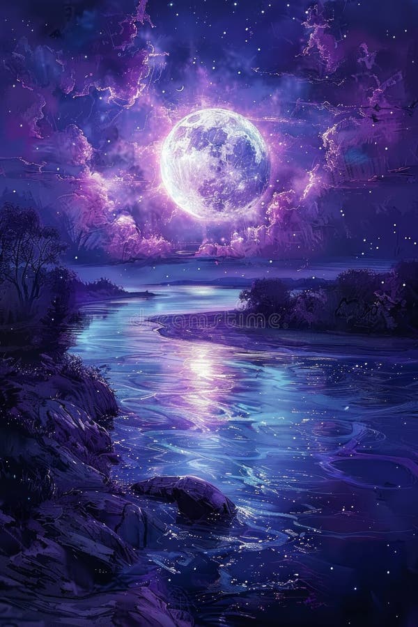 Moonlit River Painting stock image. Image of shore, landscape - 316655735