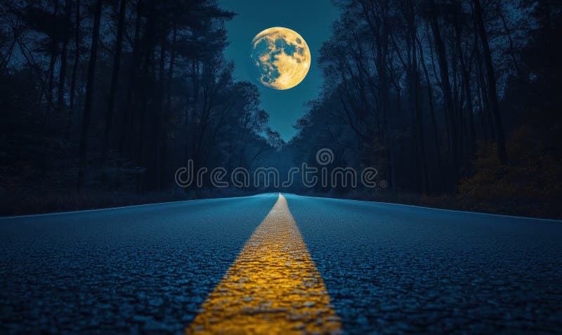 Moonlit Road through Forest at Night with Bright Full Moon Illuminating ...