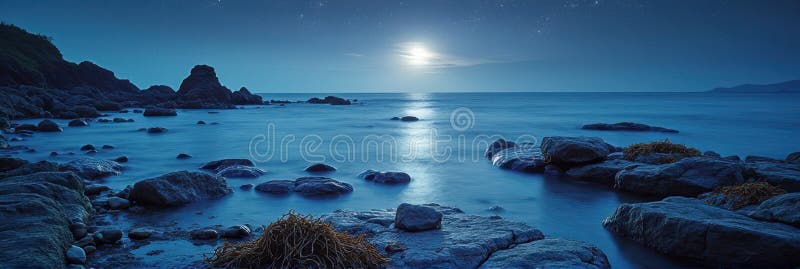Moonlit Rocky Seascape with Starry Night Sky and Tranquil Ocean Waves ...