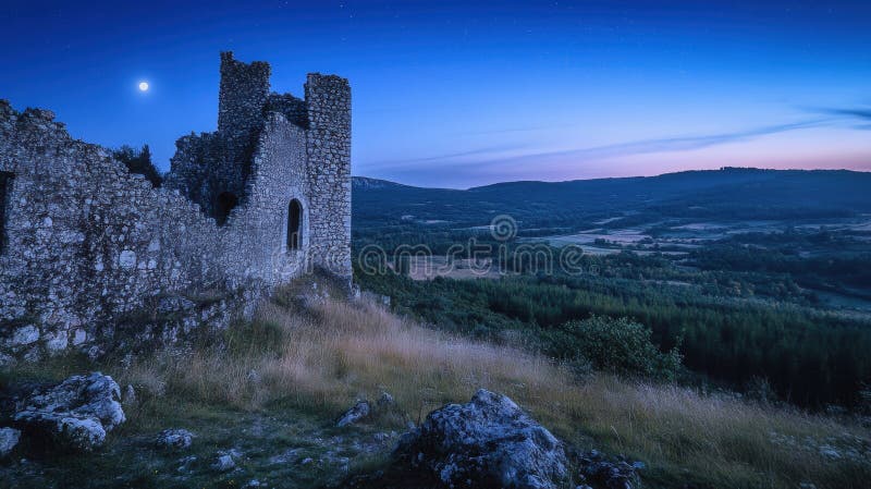 Moonlit Ruins of a Forgotten Medieval Castle on a Hilltop Stock ...