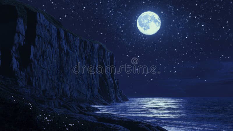 A Moonlit Scene of a Cliff Overlooking a Calm Sea Stock Illustration ...