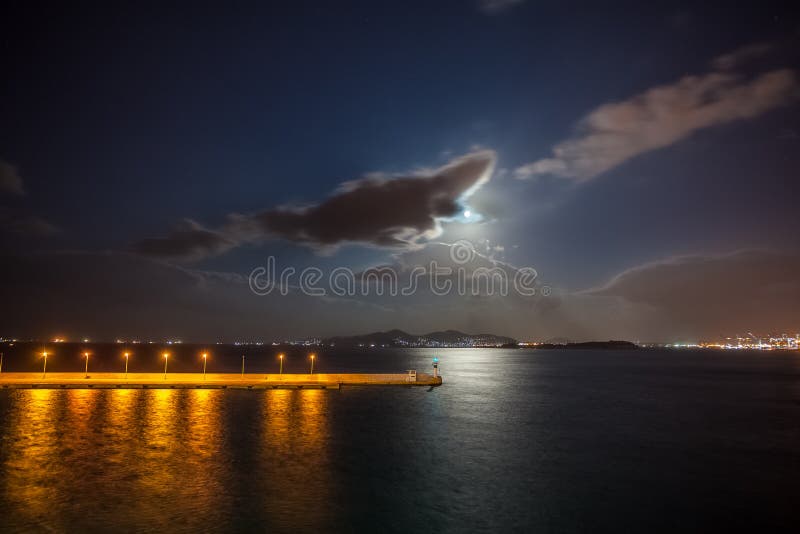 Moonlit Sea in Front of the Port of Piraeus Stock Image - Image of ...