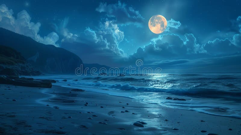 Moonlit seashore at night stock photo. Image of blue - 323344694