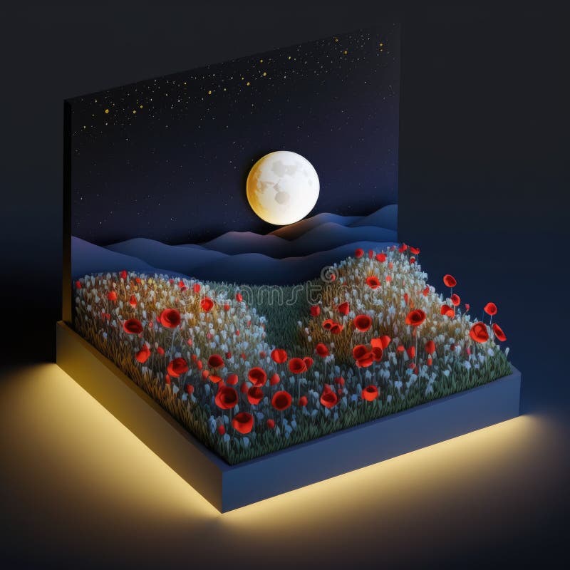Moonlit Sky Over a Field of Poppies, Isometric Low Poly View AI ...