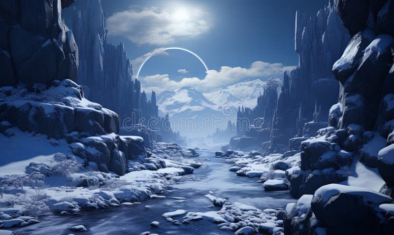 Moonlit Snowy Landscape with Stream Stock Photo - Image of nature ...