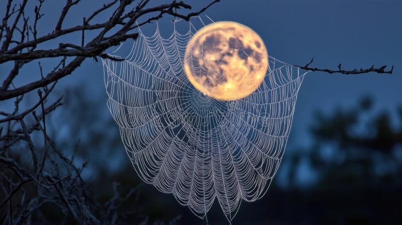Moonlit Spider Web with Full Moon Backdrop, Intricate Design, Night Sky ...