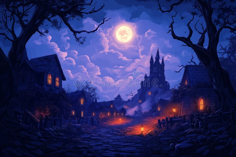 A Moonlit Spooky Village with Glowing Windows and a Towering Castle ...