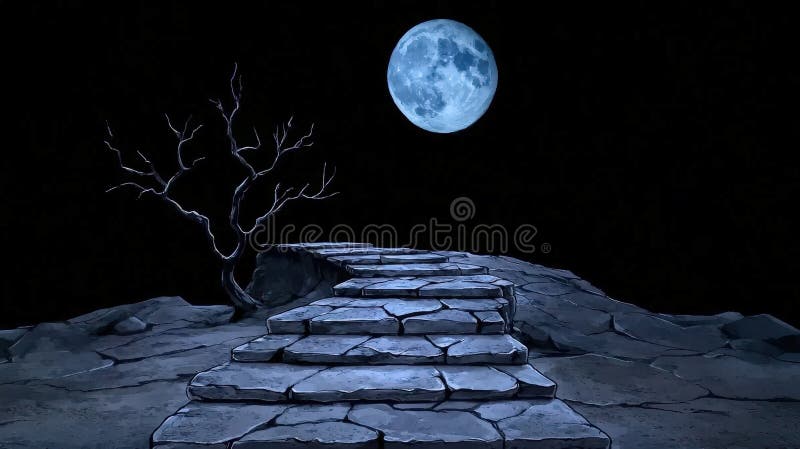 Moonlit Stairs Leading To a Dark Horizon Under a Full Moon Stock ...