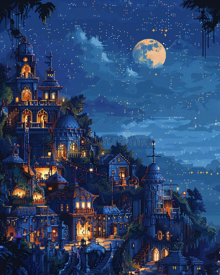 Moonlit Suburb Scene in Steampunk Style, Cobalt Clockwork and Pixel Art ...