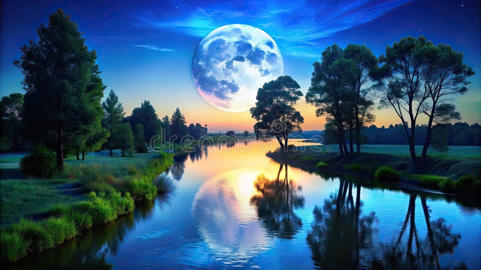 A Moonlit Symphony Dramatic Silhouette of Trees and River Under a Full Moon Captured in Stunning ...