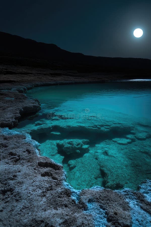 Moonlit Tranquil Coastal Pool Under Starry Night Sky Stock Photo ...
