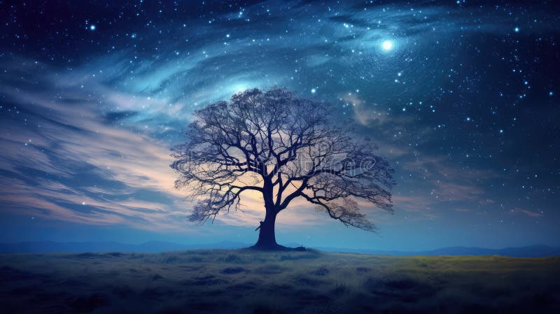 Moonlit tree at night stock illustration. Illustration of starry ...