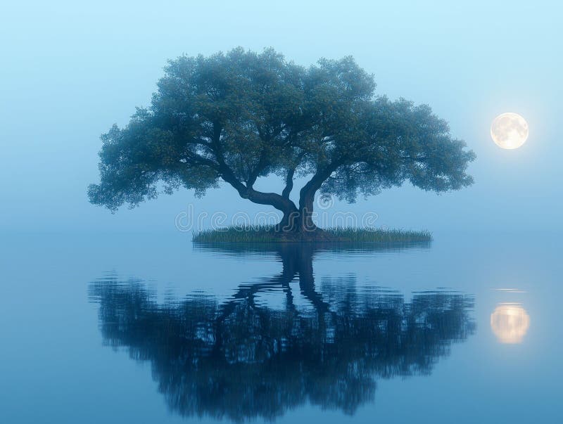 Moonlit Tree Reflection in Still Water Stock Illustration ...